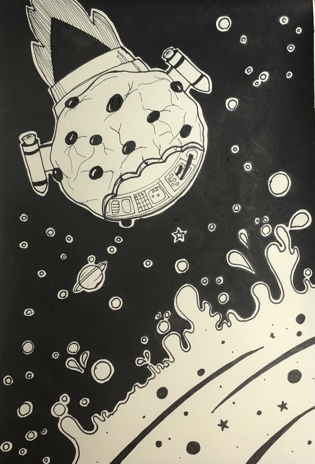 Cookie spaceship taking a dunk in milky way drawing by Ashima Bawa ...