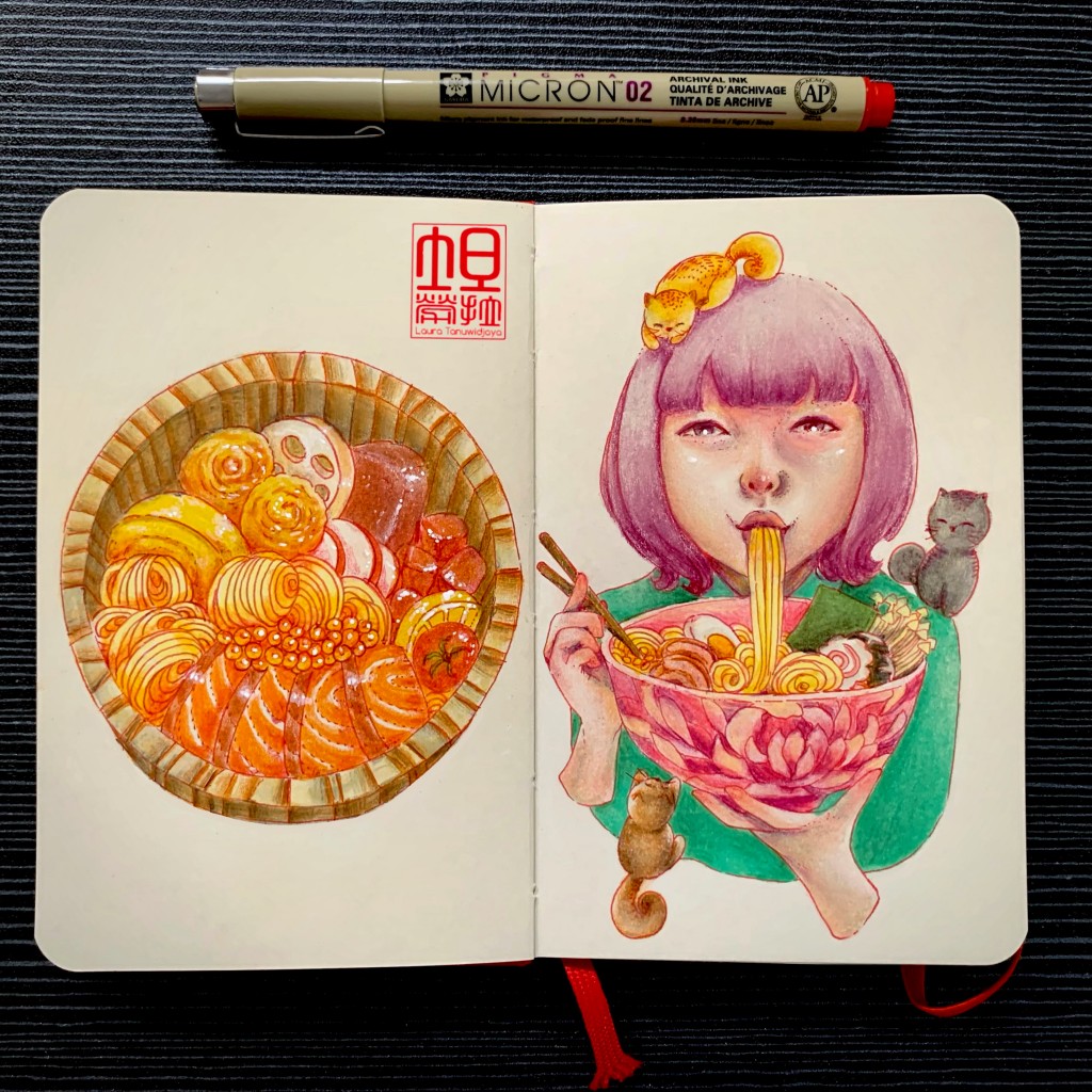 Ramen and Cats drawing by Laura Tanuwidjaya | Doodle Addicts