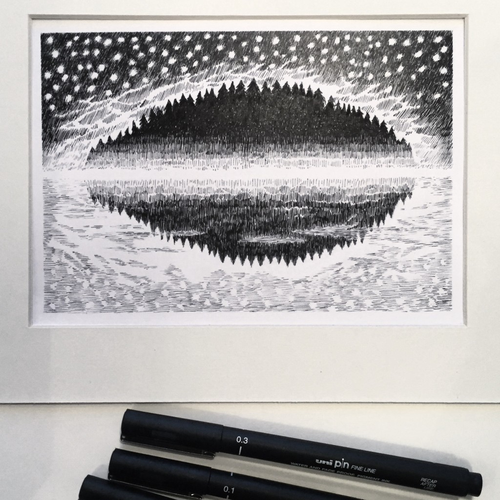 Island at mist drawing by Kimmo Oja | Doodle Addicts