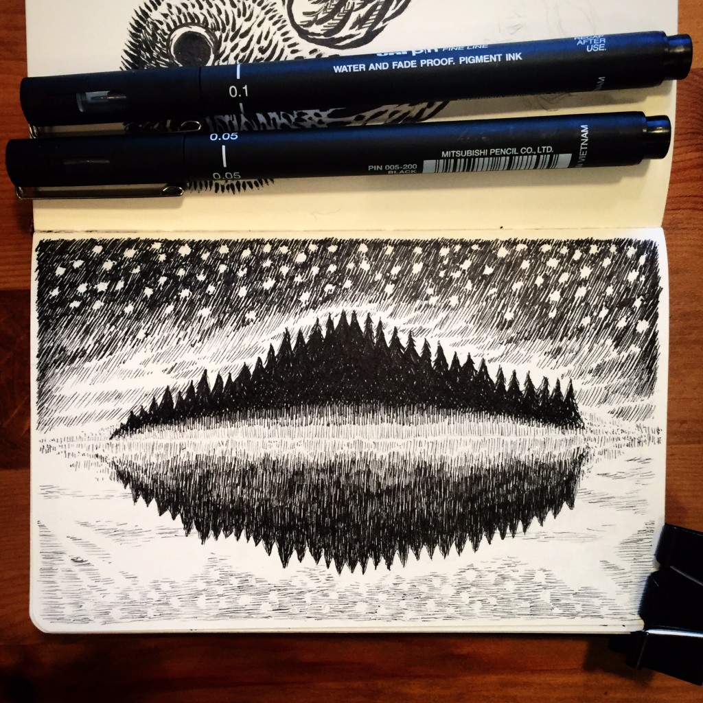 Island at mist drawing by Kimmo Oja | Doodle Addicts