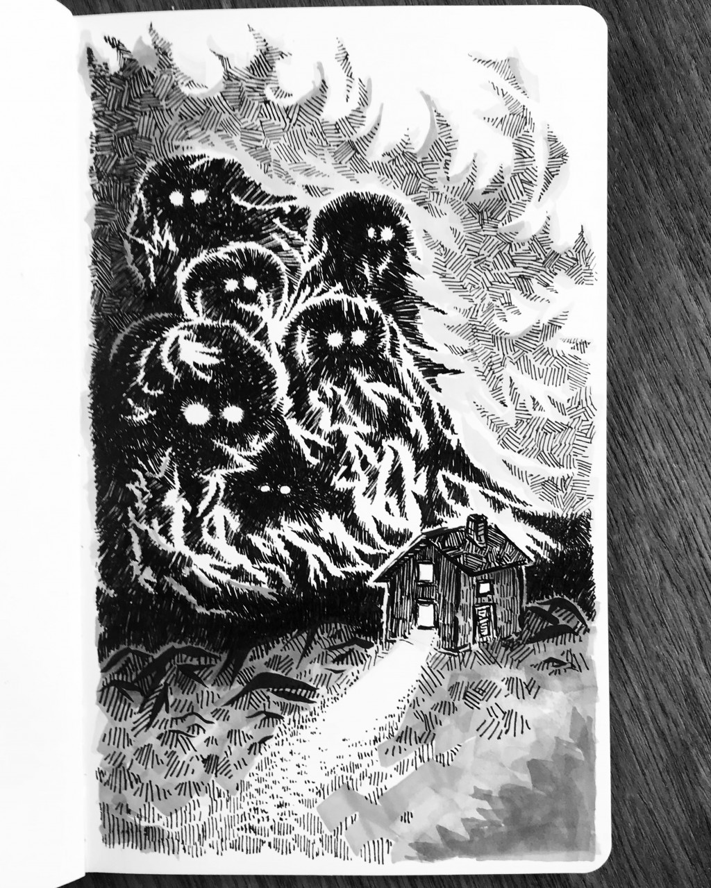 Night at the cabin drawing by Kimmo Oja | Doodle Addicts