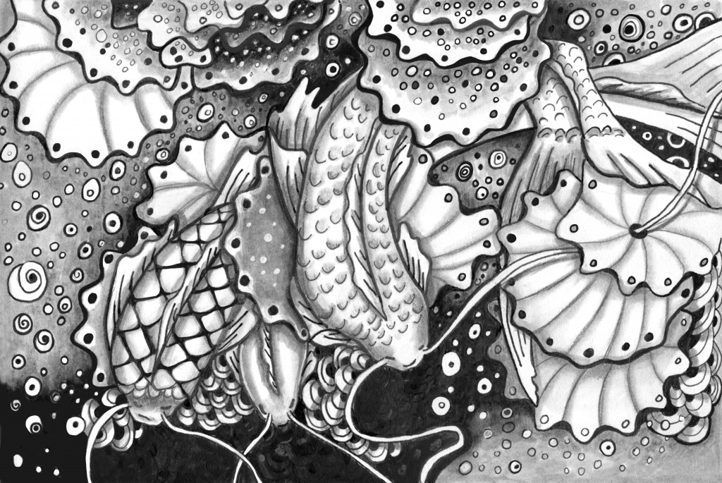 Koi ponds pen and ink drawing by Celeste | Doodle Addicts