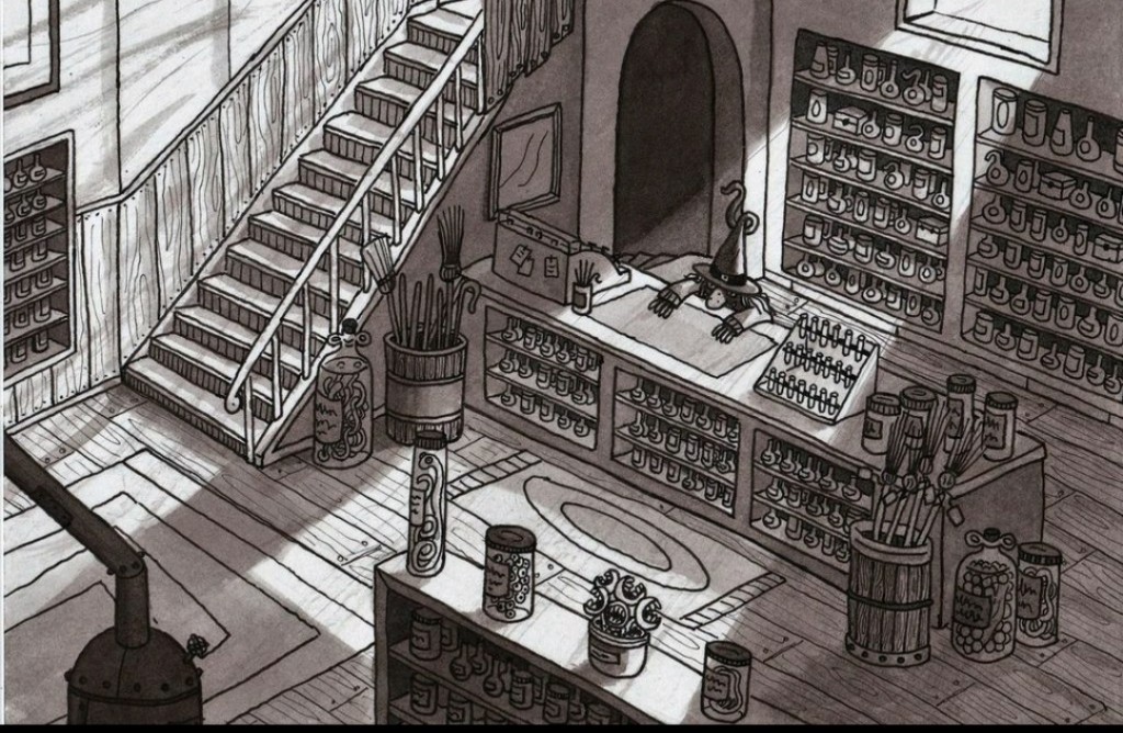 Witch's potion shop drawing by Kevin Loftus | Doodle Addicts