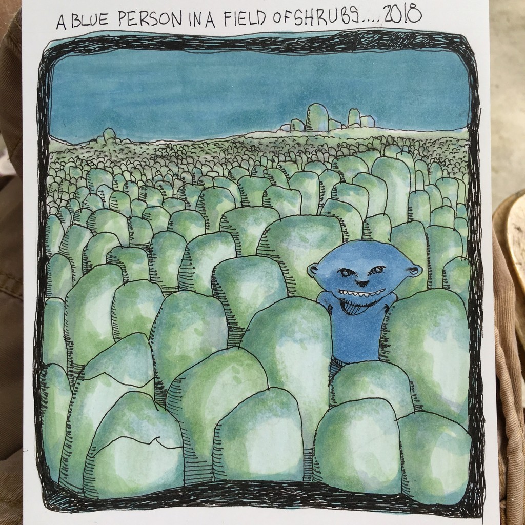 A Blue Person In A Field Of Shrubs drawing by Derek Lowes | Doodle Addicts