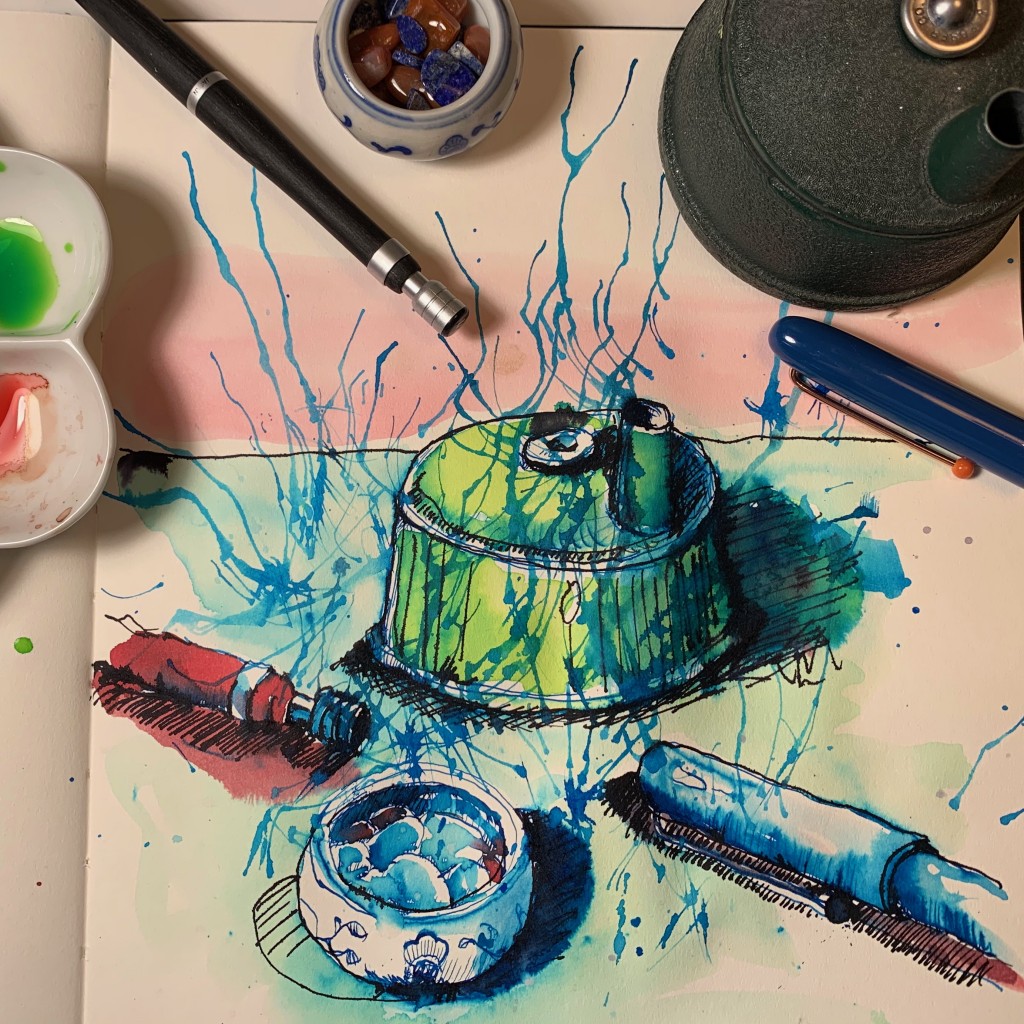 desk clutter drawing by Derek Lowes | Doodle Addicts