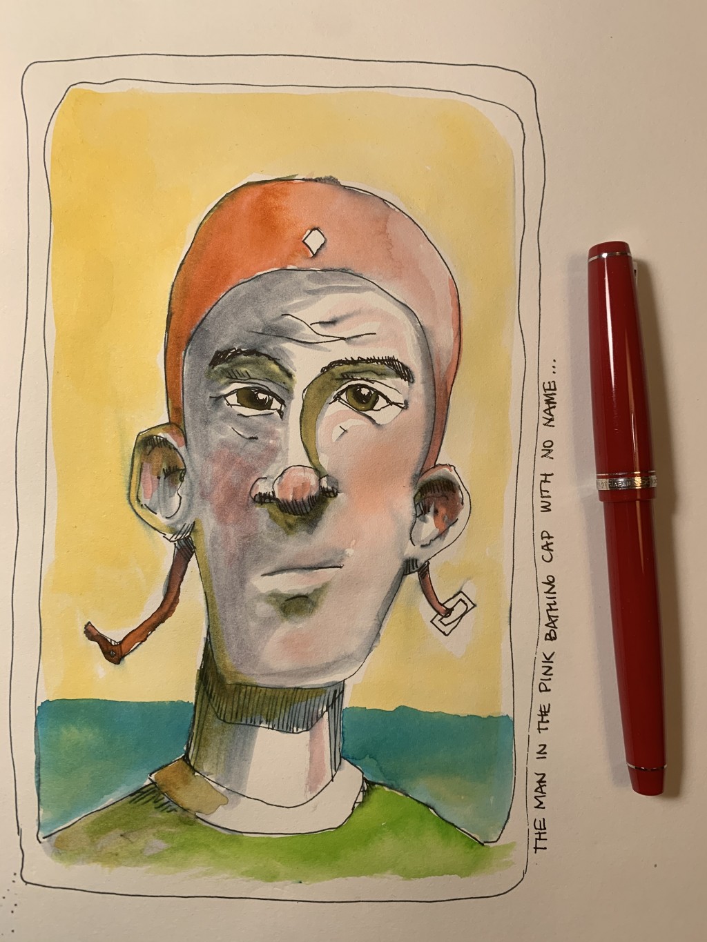 The man in the pink bathing cap with no name. drawing by Derek Lowes ...