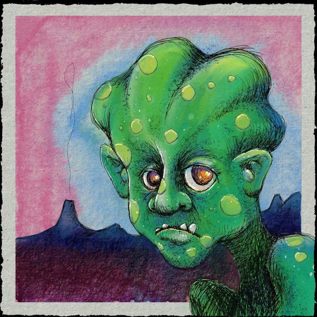 sad alien drawing by Derek Lowes | Doodle Addicts