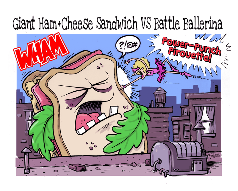 Giant Sammich vs Battle Ballerina drawing by Jim Romer | Doodle Addicts