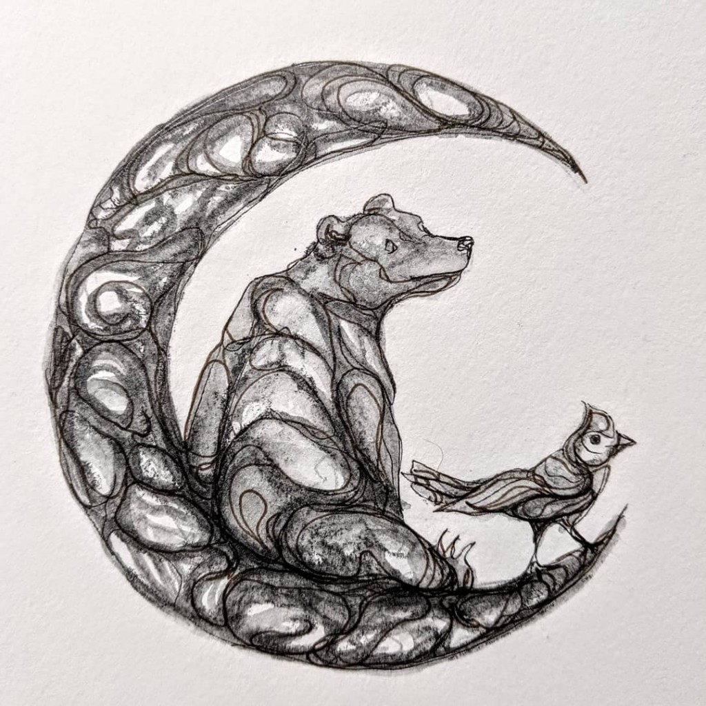 Moon, bear, and bird drawing by Carolyn S. Pio | Doodle Addicts