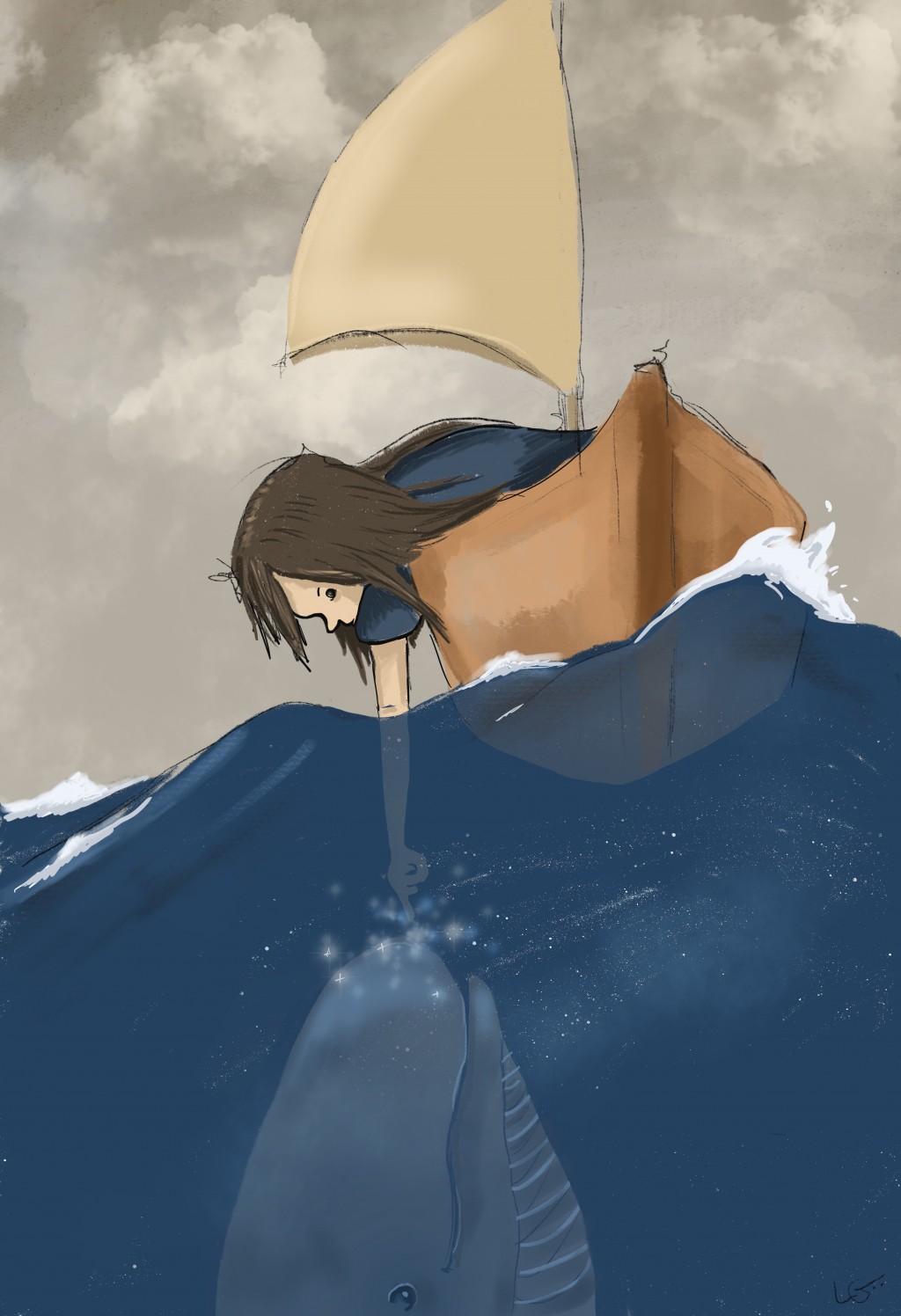 Little girl and the sea drawing by Laura Goodman | Doodle Addicts