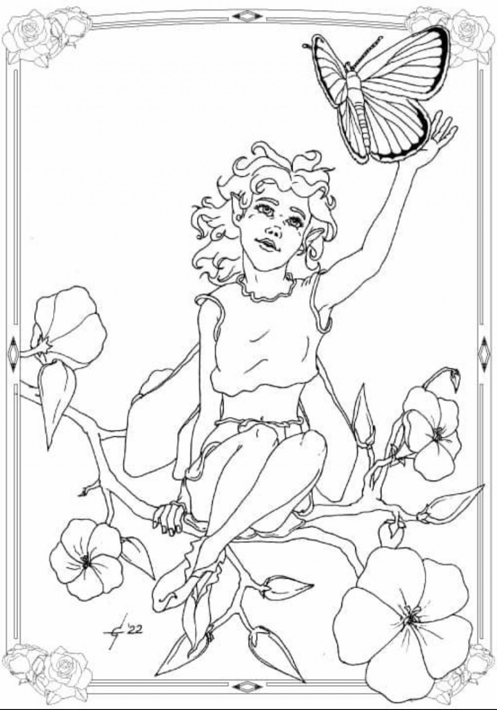 Fairy and Butterfly coloring page drawing by E K Lindgren | Doodle Addicts