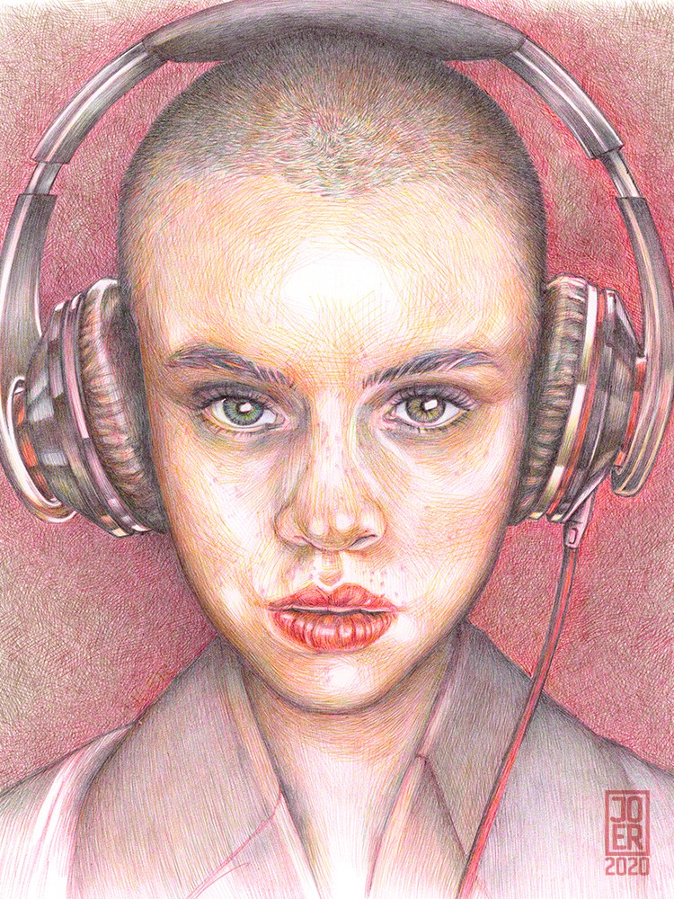 Girl With Headphones Drawing