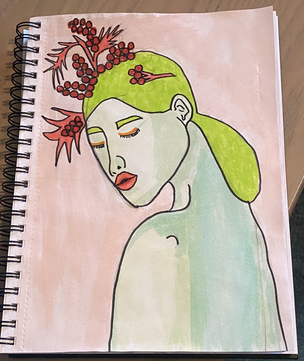 Green woman with flowers in her hair drawing by Aisha | Doodle Addicts