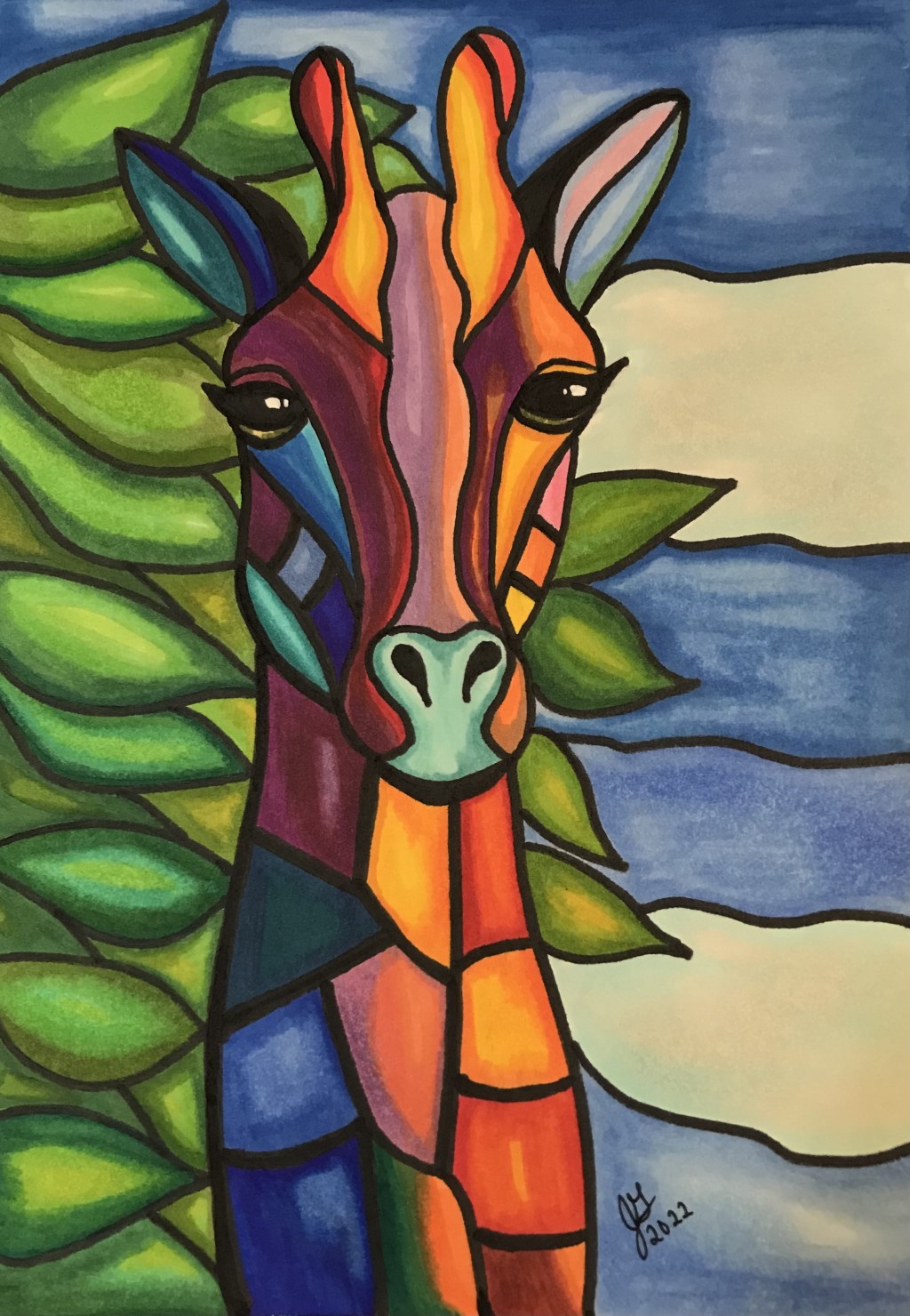Stained glass giraffe drawing by Jean Garro | Doodle Addicts