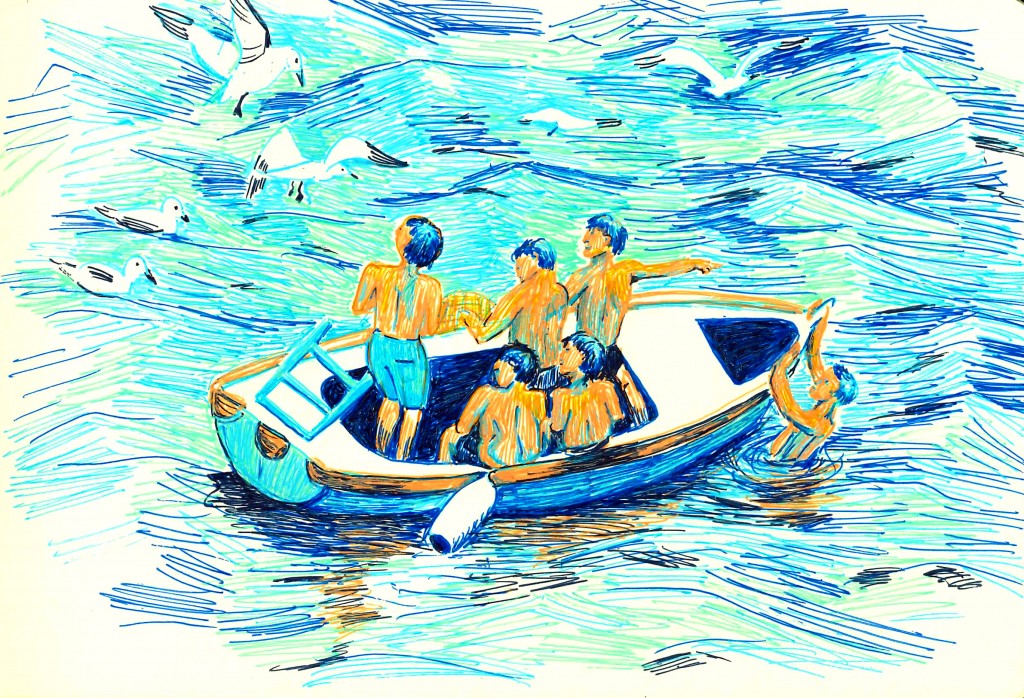 Boys in a boat in Naples drawing by Anna | Doodle Addicts