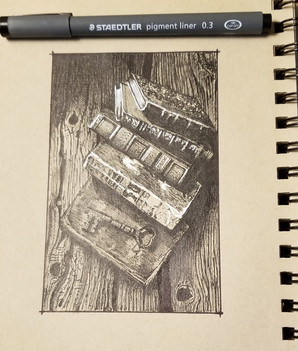 Old books in pen and ink drawing by Andy Gradoville | Doodle Addicts