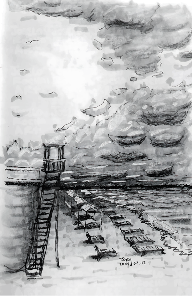 Cancun Beach cloudy black and white pencil and charcoal art drawing by ...
