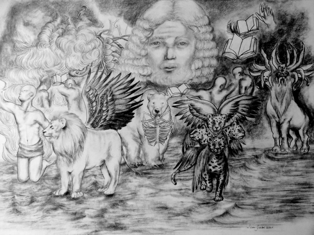 The vision of the four symbolic animals - Book of Daniel drawing by ...