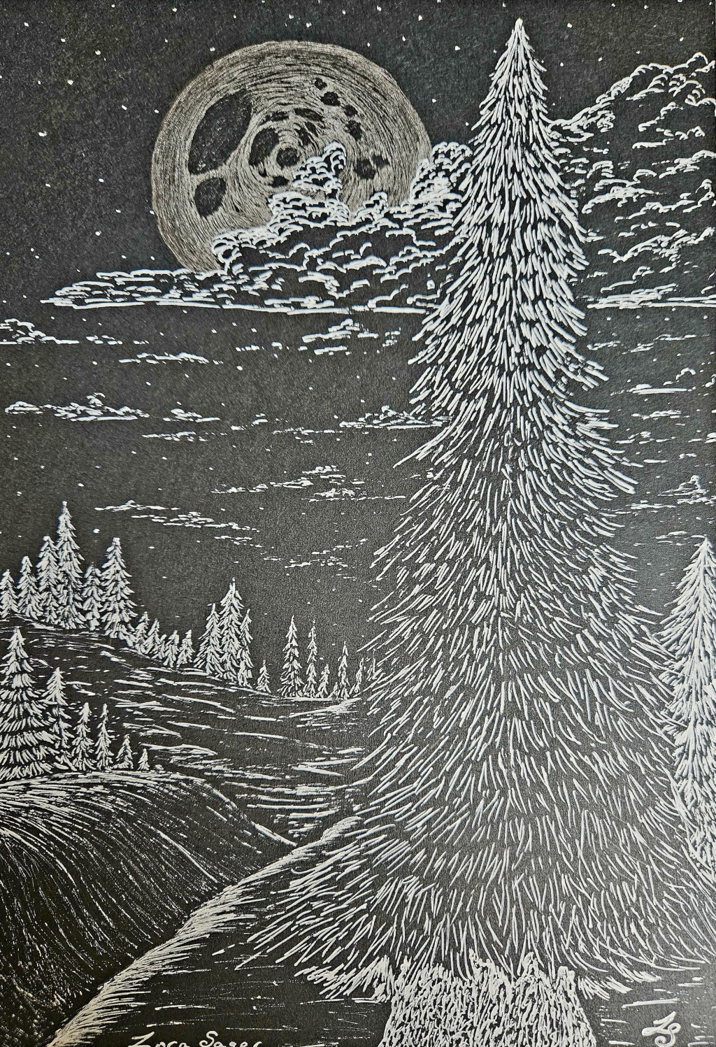 Full moon in the pine forest drawing by Lora Sager | Doodle Addicts