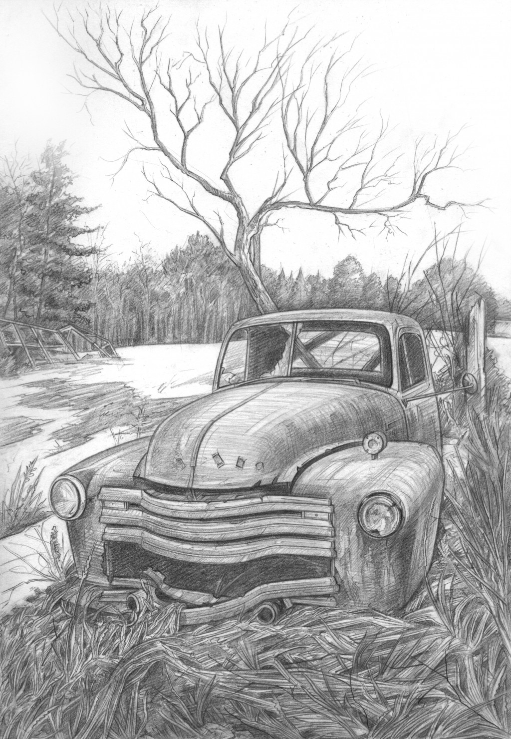 A graphic sketch depicting an abandoned car drawing by Slobodchikov ...